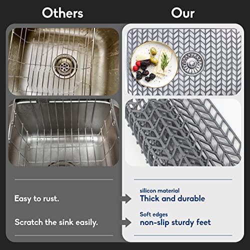 CNDSE Sink Protectors for Kitchen Sink 26'' x 14'', Non-slip Silicone Sink Mats for Bottom of Kitchen Sink,Grey Kitchen Sink Mats for Farmhouse Stainless Steel Ceramic Sink,Center Hole Sink Mat(1)