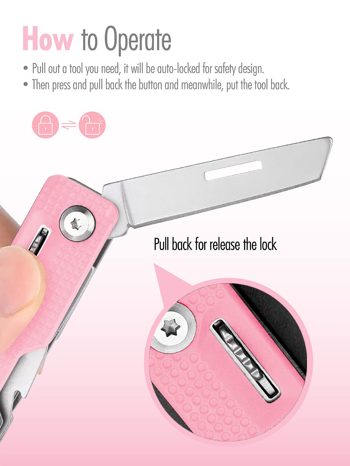 FantastiCAR 10 in 1 Multi-tool, EDC Folding Pocket Knife with SIM Card Removal Pin for Daily Needs, Outdoor Activities, Christmas Gifts (Pink)