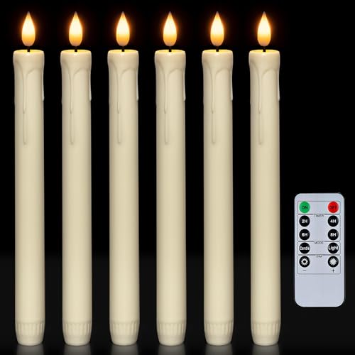 Homemory 6 Pcs Flameless Taper Candles with Remote, Timer, Dimmer, Ivory Battery Operated CandleSticks with Flickering Light, Plastic Led Window Candles, 9.6 Inches for Halloween Christmas Decoration