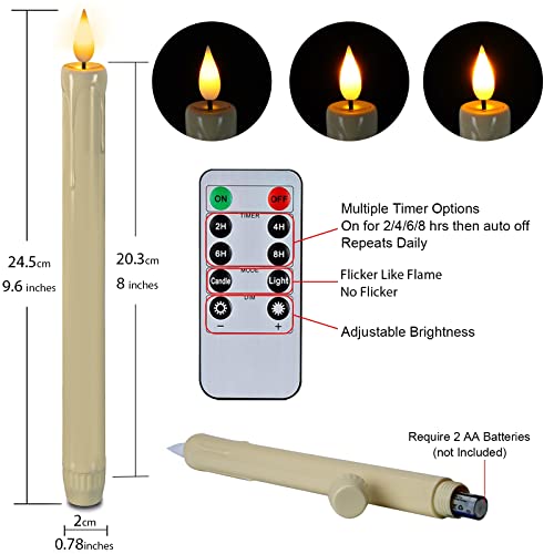 Homemory 6 Pcs Flameless Taper Candles with Remote, Timer, Dimmer, Ivory Battery Operated CandleSticks with Flickering Light, Plastic Led Window Candles, 9.6 Inches for Halloween Christmas Decoration