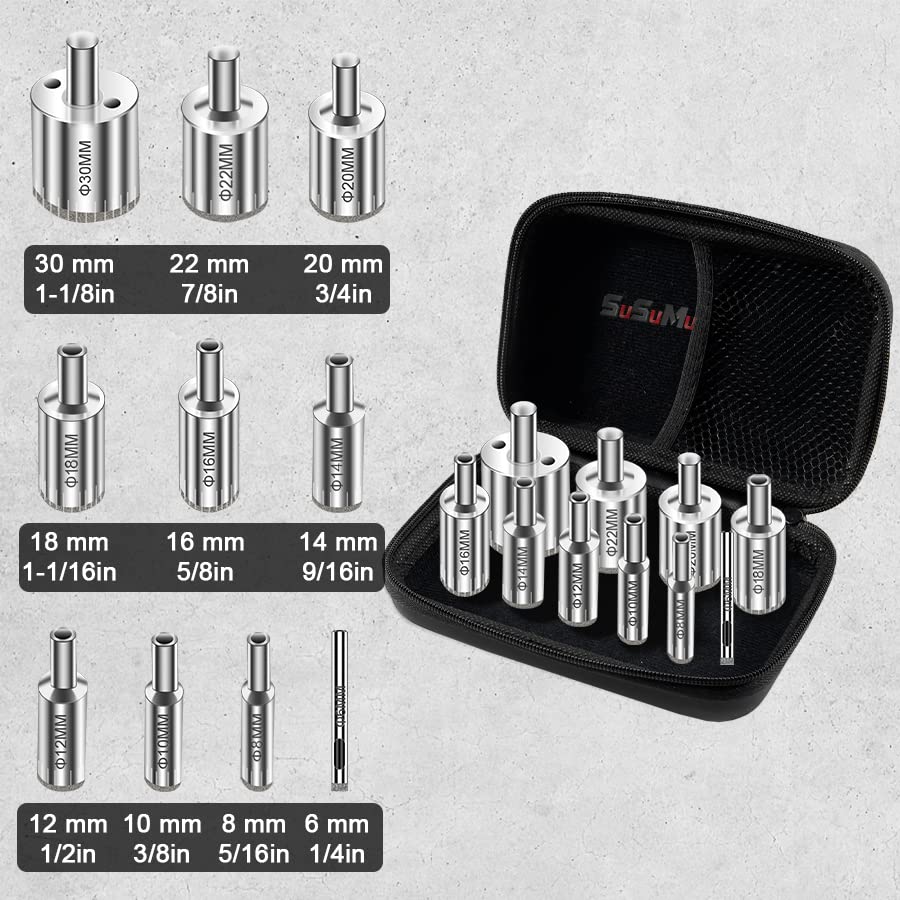 Diamond Drill Bits with PU Case 10PCS Diamond Tile Hole Saw for Pots Bottles Glass Ceramic Porcelain Tile Stone Granite Marble 1/4 to 1 1/5 Inch Glass Drill Bits