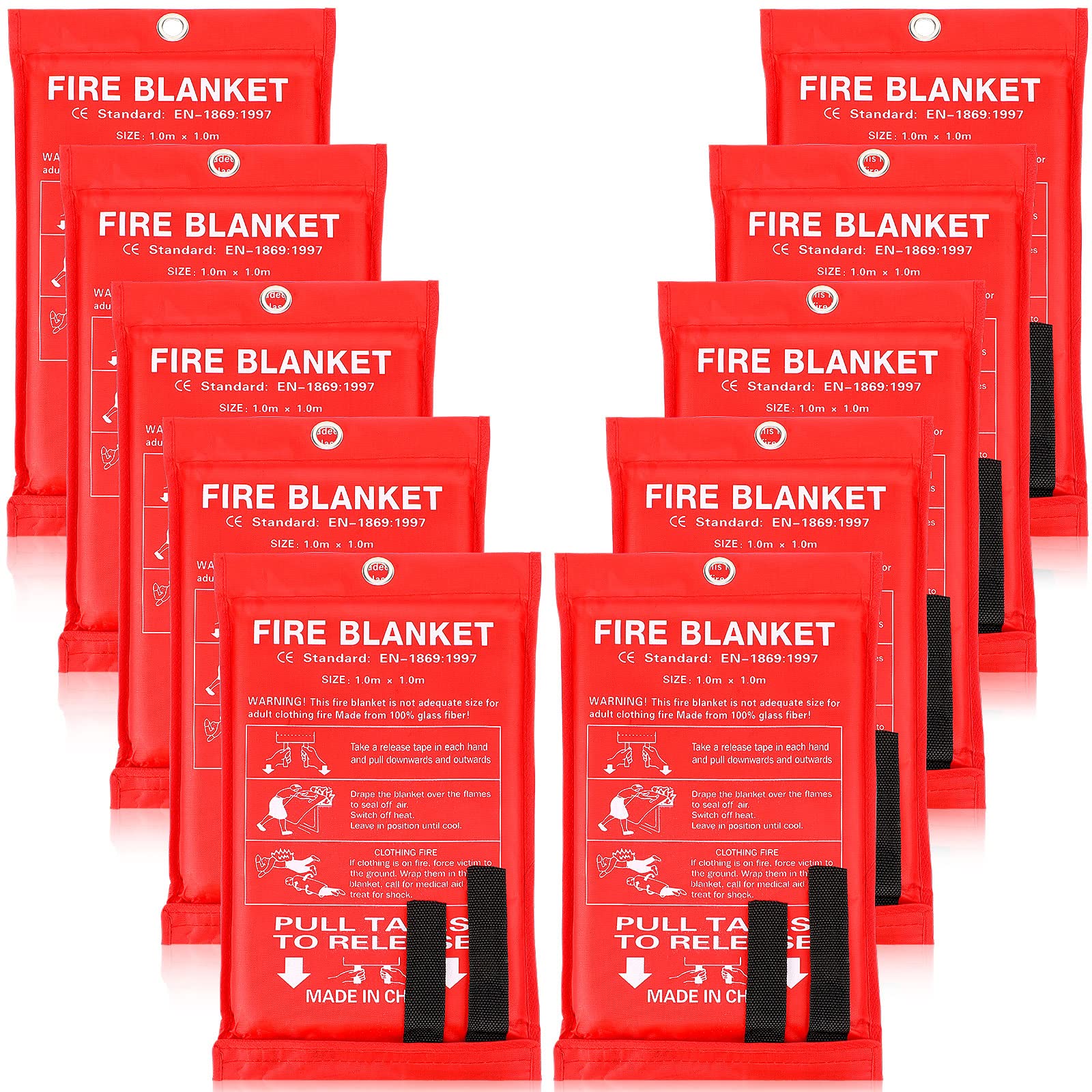 10 Pack Fire Blanket Fiberglass Fire Emergency Blanket Flame Retardant Fire Suppression Blanket Fireproof Emergency Survival Safety Cover for Kitchen Home Car Office Warehouse Camping, 39 x 39 Inch