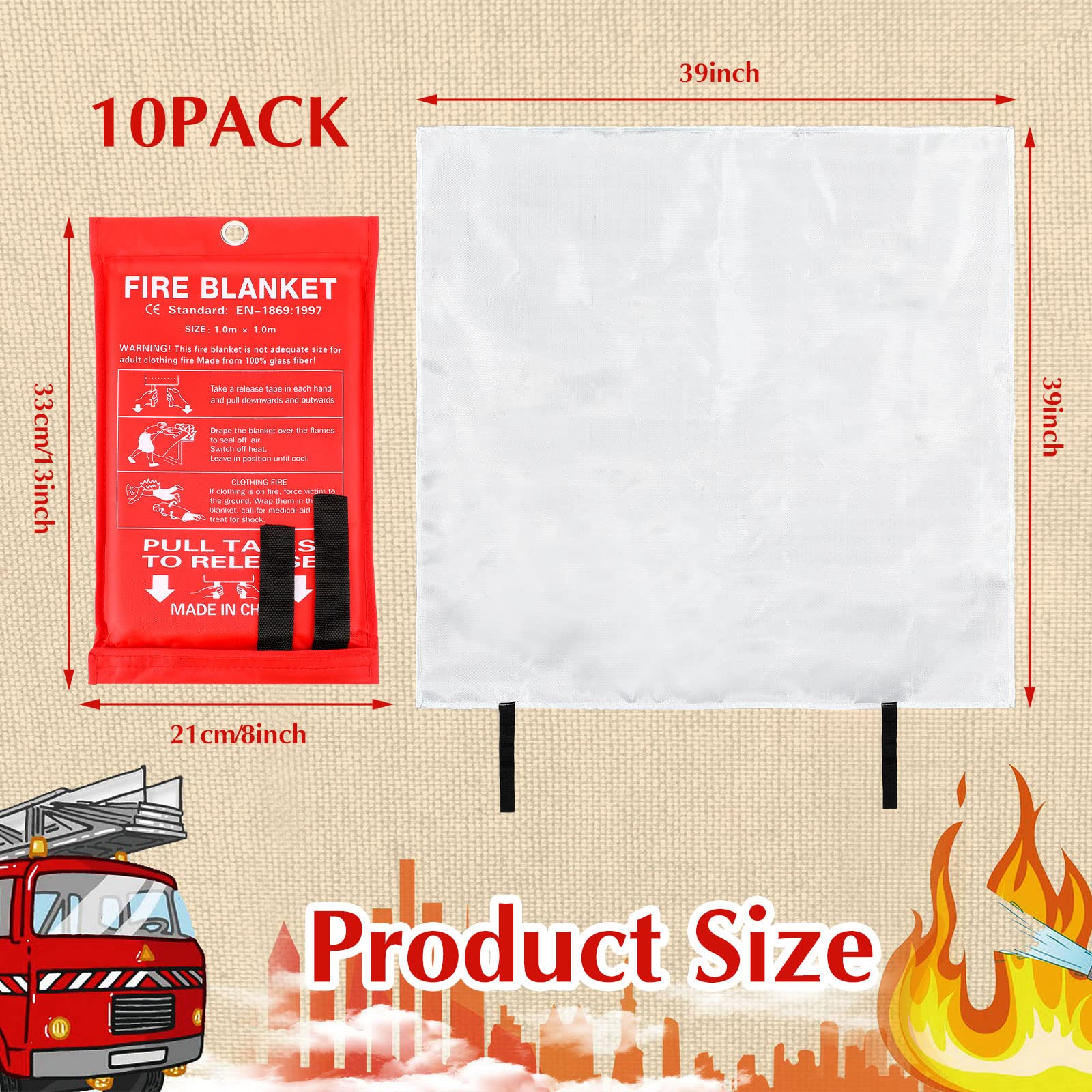 10 Pack Fire Blanket Fiberglass Fire Emergency Blanket Flame Retardant Fire Suppression Blanket Fireproof Emergency Survival Safety Cover for Kitchen Home Car Office Warehouse Camping, 39 x 39 Inch