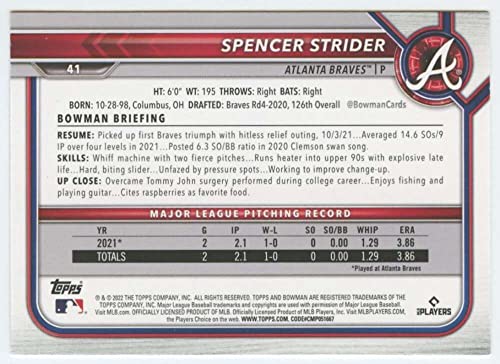 2022 Bowman #41 Spencer Strider NM-MT RC Rookie Atlanta Braves Baseball