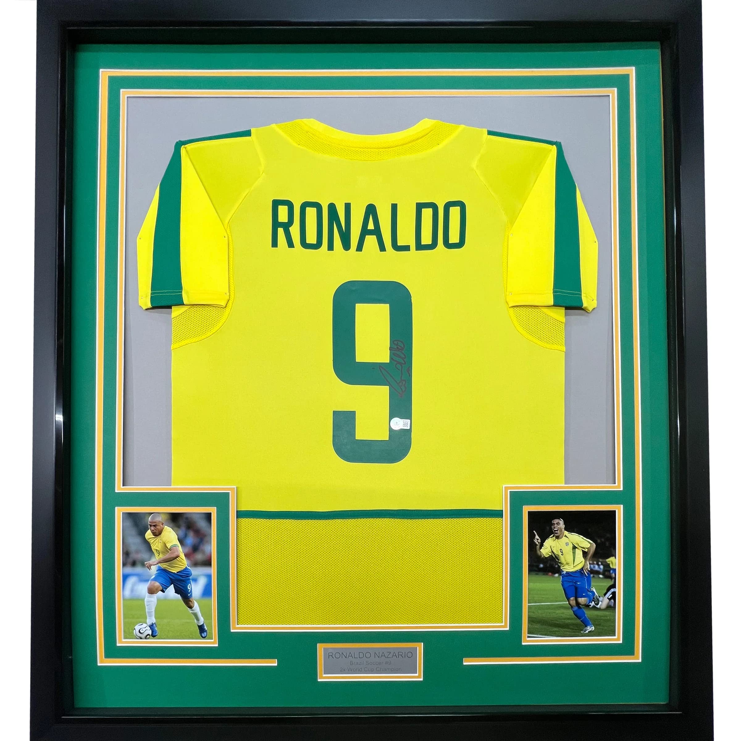 Framed Autographed/Signed Ronaldo Nazario 33x42 Brazil Yellow Soccer Jersey Beckett BAS COA