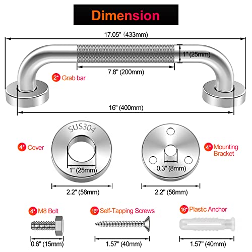 2 Pack 16 inch Anti-Slip Shower Grab Bars,SUS304 Stainless Steel Grab Rails for Bathrooms,Knurled Shower Safety Hand Rail,Bathroom Grab Bar,Handicap Bar Elderly Pregnant Injury Assist Bath Handle