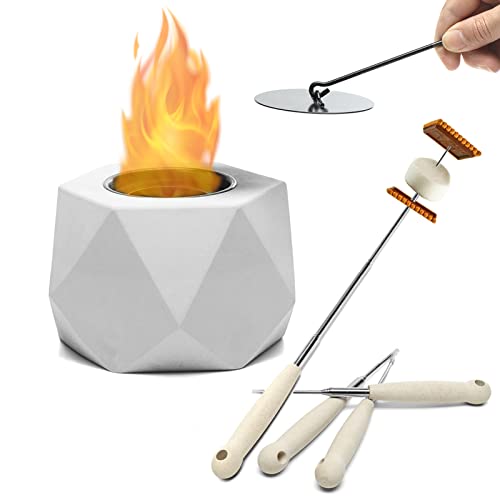 Atigrado Concrete Tabletop Fire Pit Bowl with Roasting Sticks - Mini Fireplace Indoor / Outdoor, Portable Table Top Smores Maker Firepit & Home Decor for Patio Bonfire, Campfire, Party, Birthday Gifts