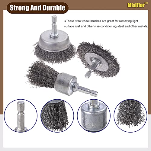 Wire Brush Wheel Cup Brush Drill Set 16 Piece, Mixiflor Wire Brush for Drill 1/4 Inch Hex Shank, Wire Cup Brush for Drill, Coarse Carbon Steel Wire Wheel for Drill, Wire Brush Drill Attachment