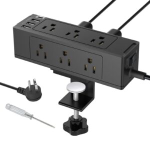 desk clamp power strip with usb c, desk surge protector power strip with 9 ac plugs 4 usb ports, desktop edge mount outlets charging station, 6 ft flat plug, removable clamp power strip