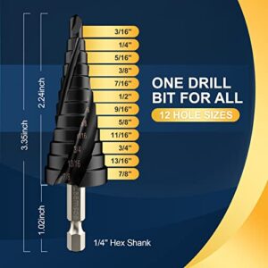 Zaamsoa M35 Step Drill Bit, 3/16”-7/8" Impact Ready Three Spiral Flute Unibit Step Bit, 1/4" Hex Shank Co Drill Bit for Metal, Wood, Multiple Hole Drilling Cone Drill Bits