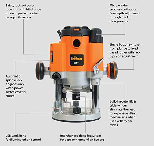 TRITON TRA002KIT 3-1/4 HP, 15 Amp Dual Mode Precision Plunge Router with Built-In Router Lift and Accessories, Orange