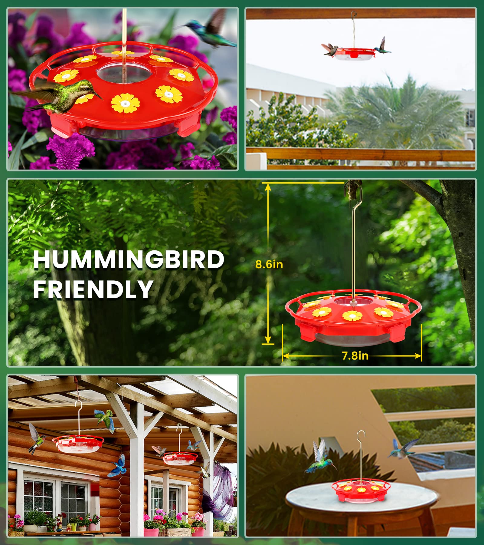 Hummingbird Feeders for Outdoors Hanging, 8 Feeding Ports for Attract More Hummingbirds, Ant & Bee Proof, No Leak Humming Bird Feeder Outside, Easy to Clean and Fill Plastic Saucer Feeder 12Oz