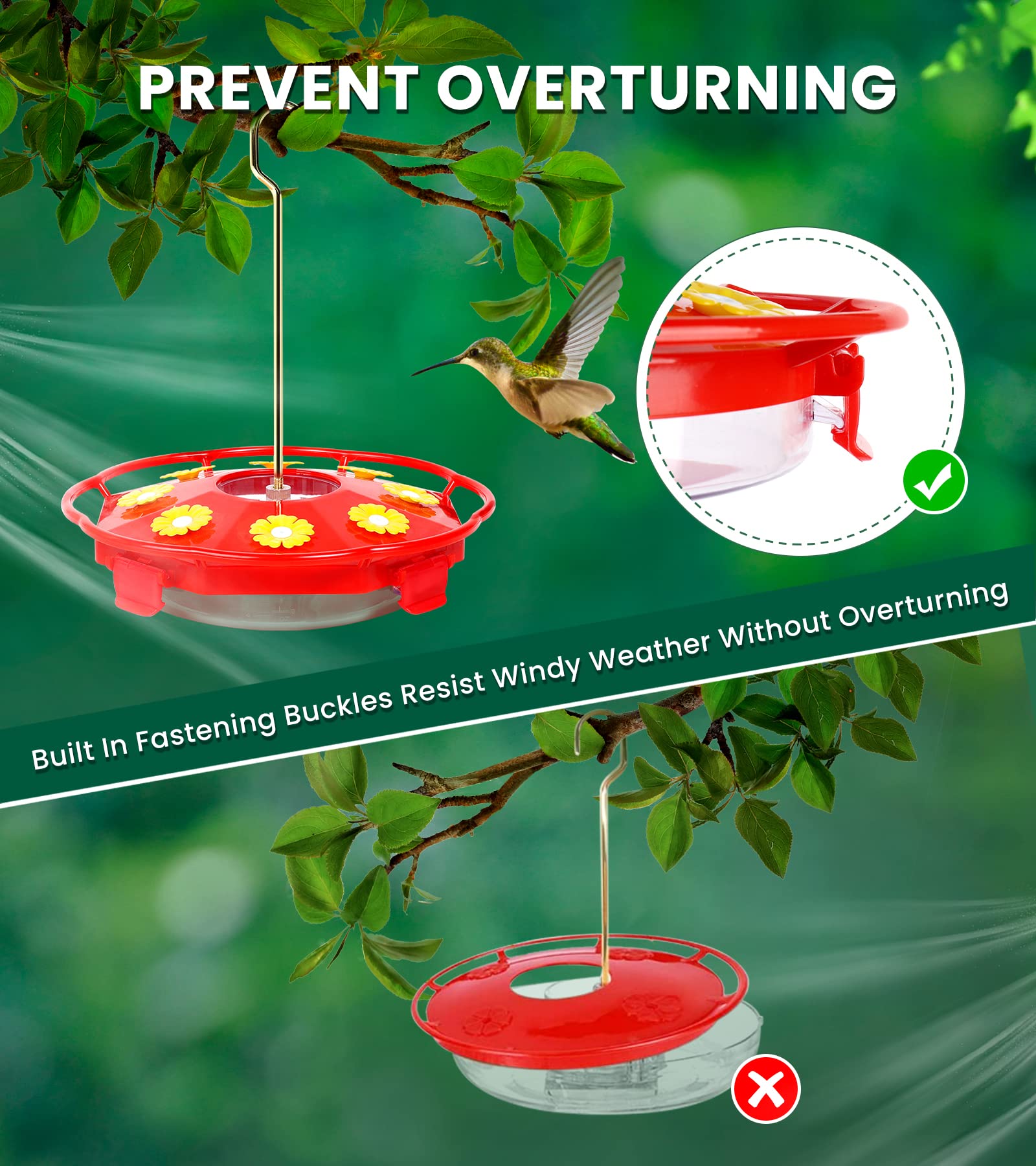 Hummingbird Feeders for Outdoors Hanging, 8 Feeding Ports for Attract More Hummingbirds, Ant & Bee Proof, No Leak Humming Bird Feeder Outside, Easy to Clean and Fill Plastic Saucer Feeder 12Oz