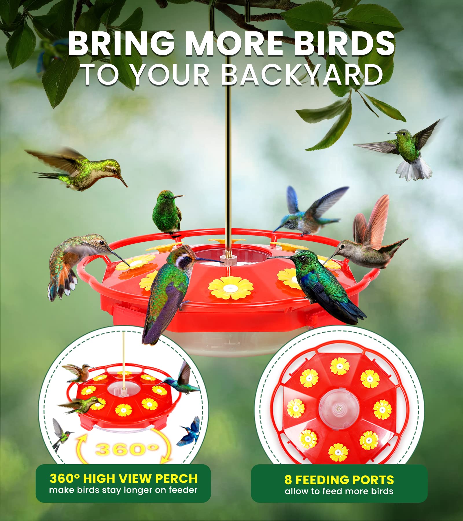 Hummingbird Feeders for Outdoors Hanging, 8 Feeding Ports for Attract More Hummingbirds, Ant & Bee Proof, No Leak Humming Bird Feeder Outside, Easy to Clean and Fill Plastic Saucer Feeder 12Oz