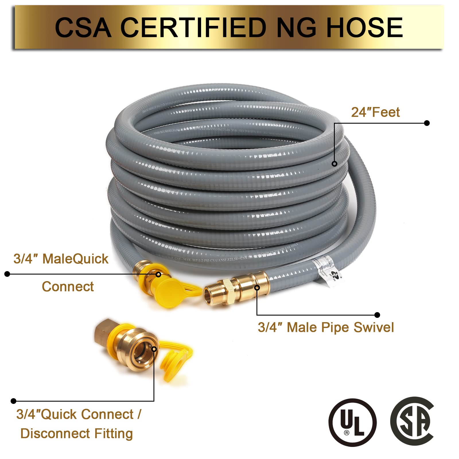 24FT 3/4" Natural Gas Hose, 3/4 Inch Natural Gas Conversion Kit Gas Grill Hose with Quick Connect Fitting,Grill Connectors & Hoses for Patio Heater,Griddle,Dynamo and Outdoor NG/LP Propane Appliance