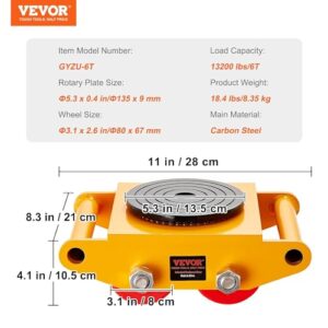 VEVOR Machinery Skate Dolly, 13,200 LBS/6T Industrial Machinery Mover, Heavy Duty Carbon Steel Machinery Moving Skate with 4 PU Wheels and 360° Rotation Non-Slip Cap for Warehouse, Workshop, Factory