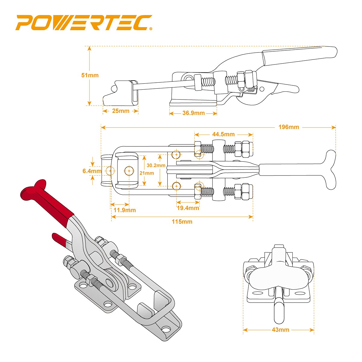 POWERTEC 4PK Toggle Clamp, 700 lbs Capacity, 431 Self-Lock U-Bolt Adjustable Latch w/Antislip Hand Grip for Woodworking Jigs & Fixtures, Smoker, Tire Carrier, Tool Box, Cabinet (20341-P2)