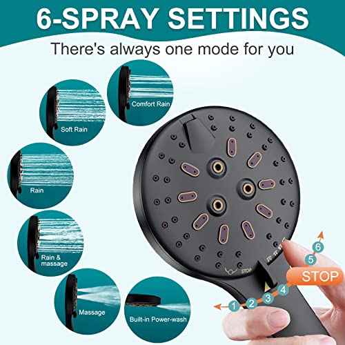 BATHPRO High Pressure Shower Head with Handheld, 6-mode Showerhead with Long Hose Stainless Steel 59", Built-in Power Wash to Clean, Adjustable Brass Ball Joint Bracket (2.5GPM, Matte Black)