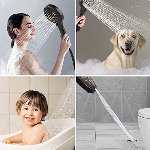 BATHPRO High Pressure Shower Head with Handheld, 6-mode Showerhead with Long Hose Stainless Steel 59", Built-in Power Wash to Clean, Adjustable Brass Ball Joint Bracket (2.5GPM, Matte Black)