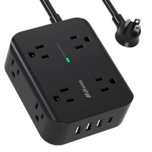 power strip surge protector - flat plug, wall mount, 8 wide outlets with 4 usb ports (1 usb c), 5ft heavy duty extension cord with multiple outlets, charging station overload protection for home dorm