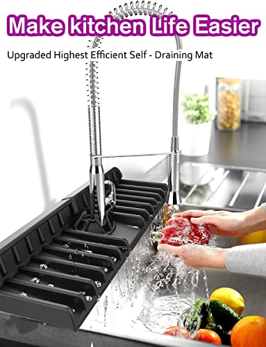 Decyam Upgrade Kitchen Sink Splash Guard, Silicone Faucet Handle Drip Catcher Tray, Kitchen Sponge Holder Faucet Absorbent Sink Protectors Mat for Kitchen Bathroom Sink Accessories (2 pcs black)