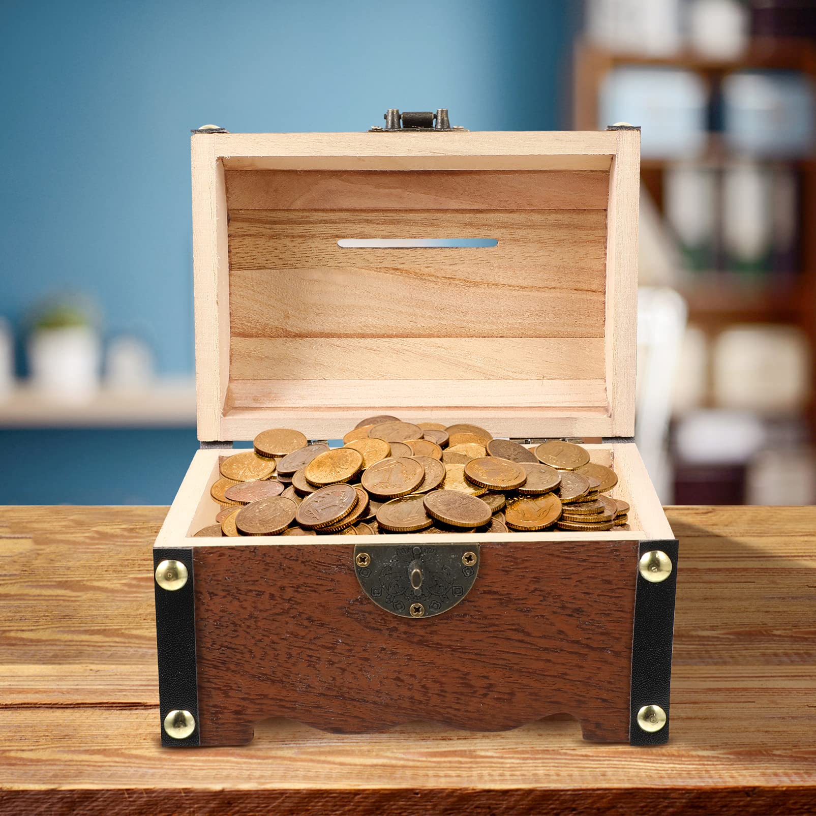 Homoyoyo Wooden Treasure Chest Box, Retro Handcrafted Treasure Organizer Coin Box Piggy Bank, Wooden Box with Lock, Storage Box for Jewelries Organizer