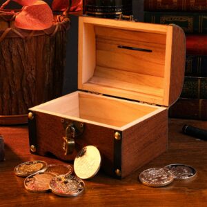 Homoyoyo Wooden Treasure Chest Box, Retro Handcrafted Treasure Organizer Coin Box Piggy Bank, Wooden Box with Lock, Storage Box for Jewelries Organizer