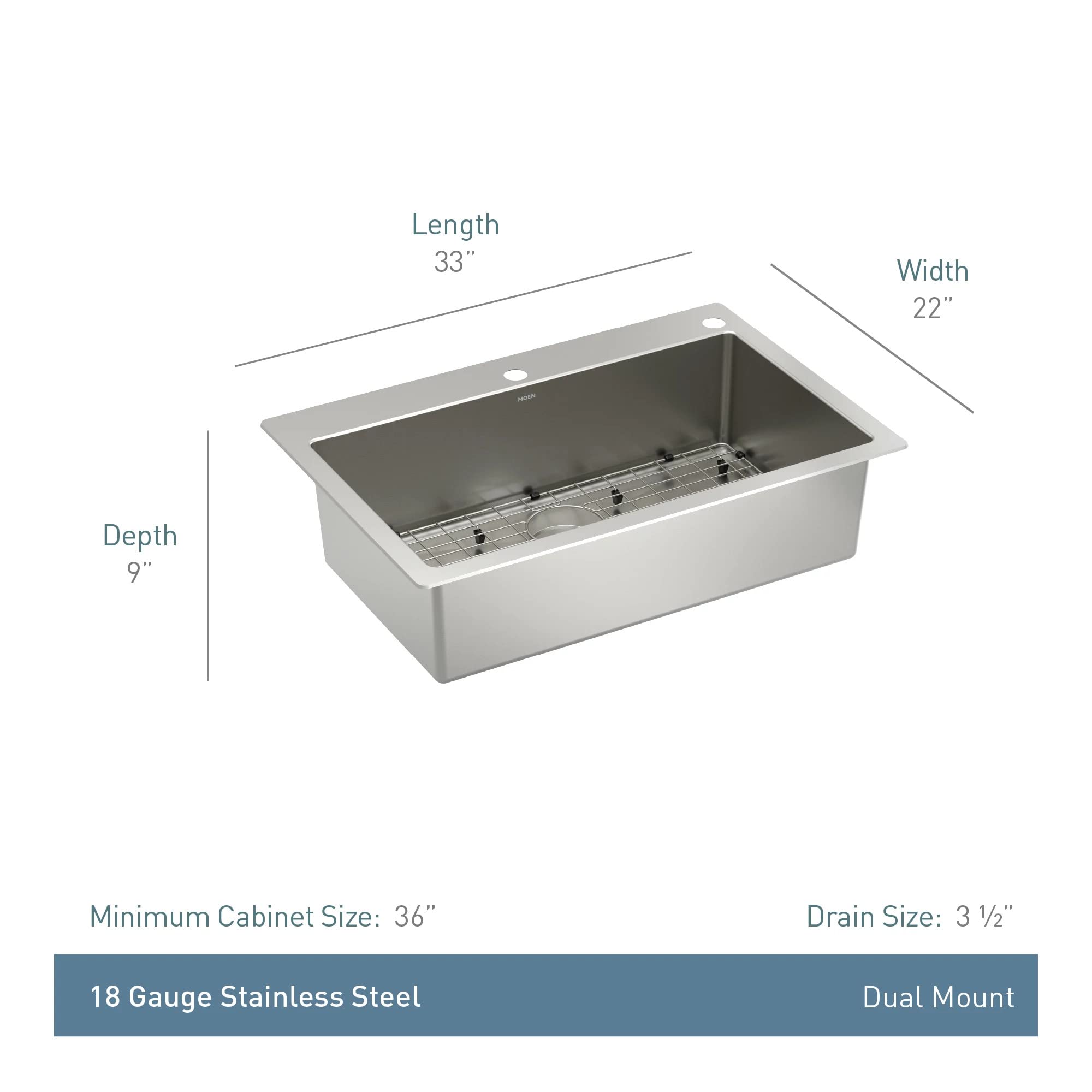 Moen Luxe Chef 18-Gauge Stainless Steel Dual Mount 33" x 22" Single Bowl Workstation Sink, Includes Cutting Board, Flexible Drying Rack, Colander, Bottom Sink Grid, and Drain, GS181012BUX