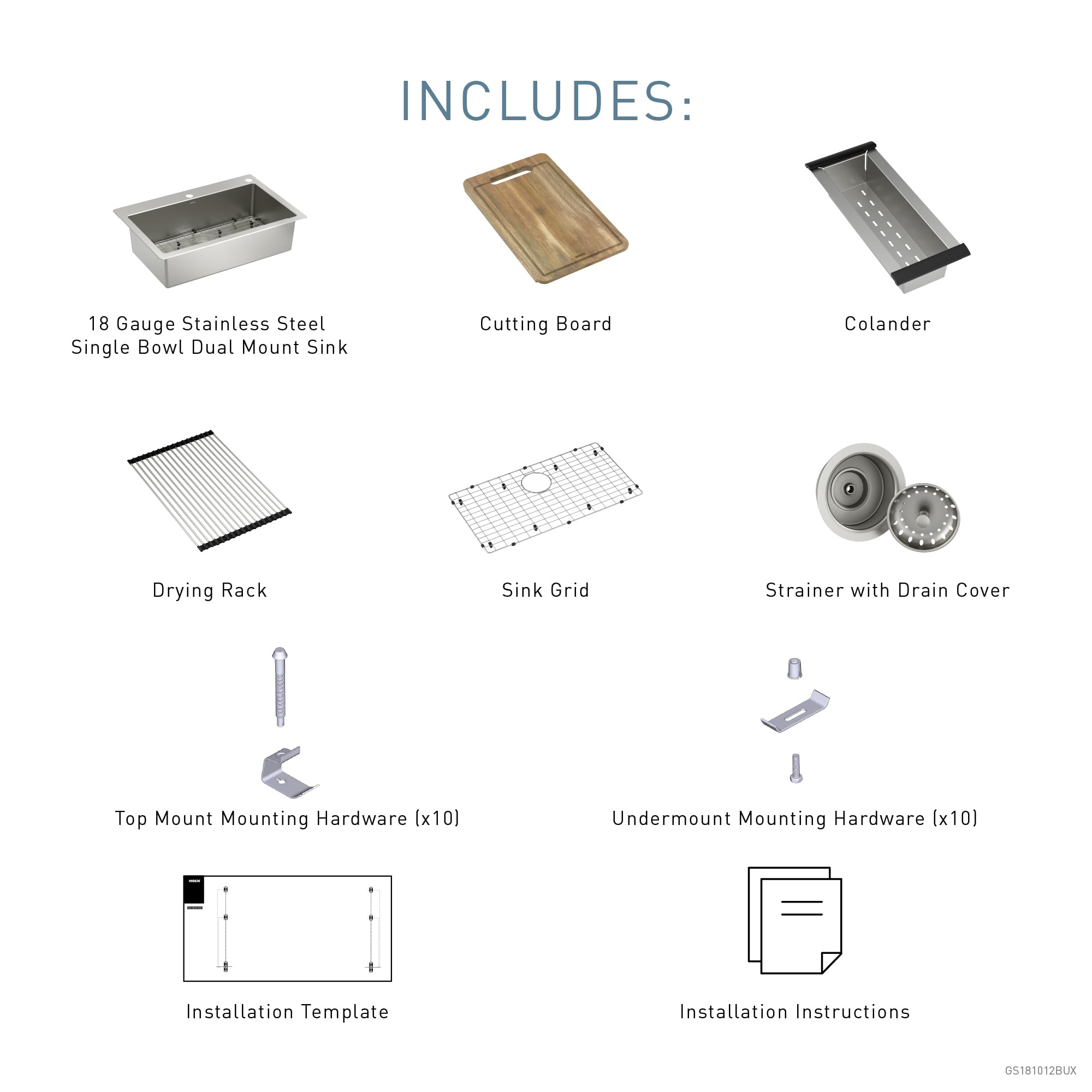 Moen Luxe Chef 18-Gauge Stainless Steel Dual Mount 33" x 22" Single Bowl Workstation Sink, Includes Cutting Board, Flexible Drying Rack, Colander, Bottom Sink Grid, and Drain, GS181012BUX