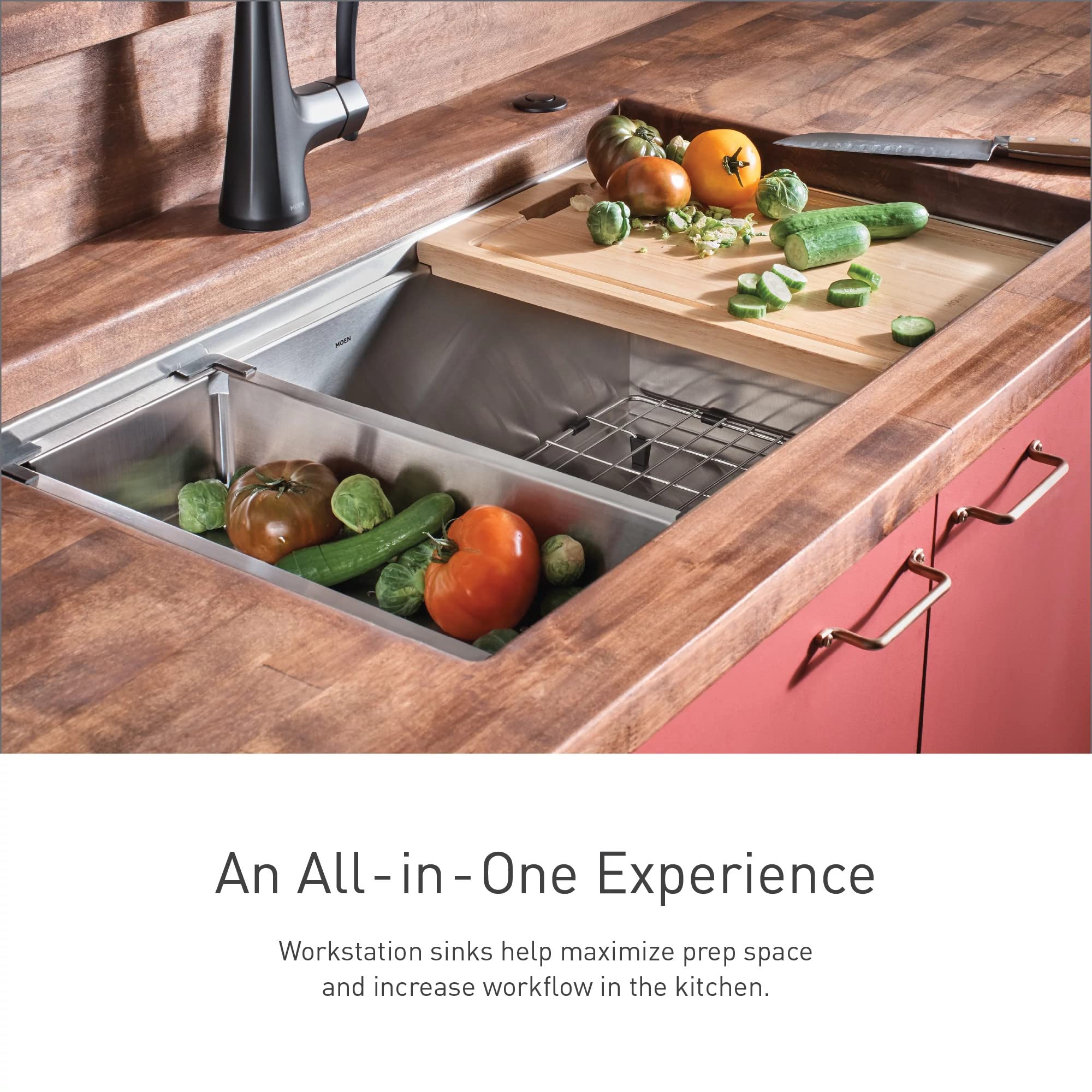 Moen Luxe Chef 18-Gauge Stainless Steel Dual Mount 33" x 22" Single Bowl Workstation Sink, Includes Cutting Board, Flexible Drying Rack, Colander, Bottom Sink Grid, and Drain, GS181012BUX