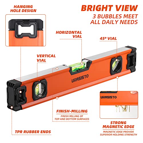 URASISTO 16 Inch Torpedo Level, Magnetic Level Tool with 45°/90°/180° Bubbles, Aluminum Alloy Construction, Shock Resistant Bubble Level Tool(400mm)