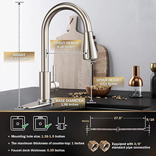 Kitchen Faucets with Pull Down Sprayer Brushed Nickel,Jurishan Upgraded Single Level Stainless Steel Kitchen Sink Faucet with 3-Spray Mode, 360°Swivel Faucet for for Kitchen,Farmhouse,RV,Bar