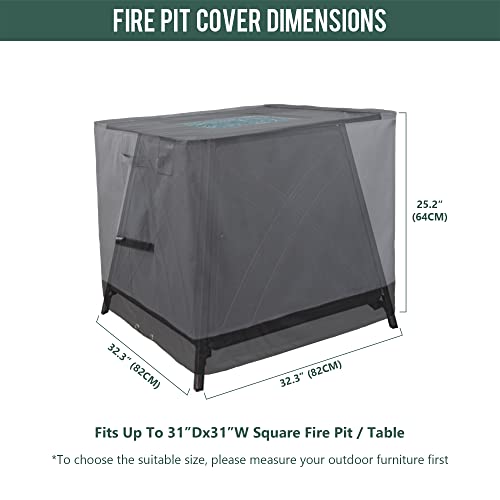 Rachmi Square Gas Fire Pit Cover 32.3 Inch, 600D Oxford Water Resistant Anti UV & Fade Outdoor Patio Cover for Coffee Fits 28/29/30/31 Inch Coffee & Side Table, (32.3"Wx32.3"Dx25.2"H, Gray/Black)