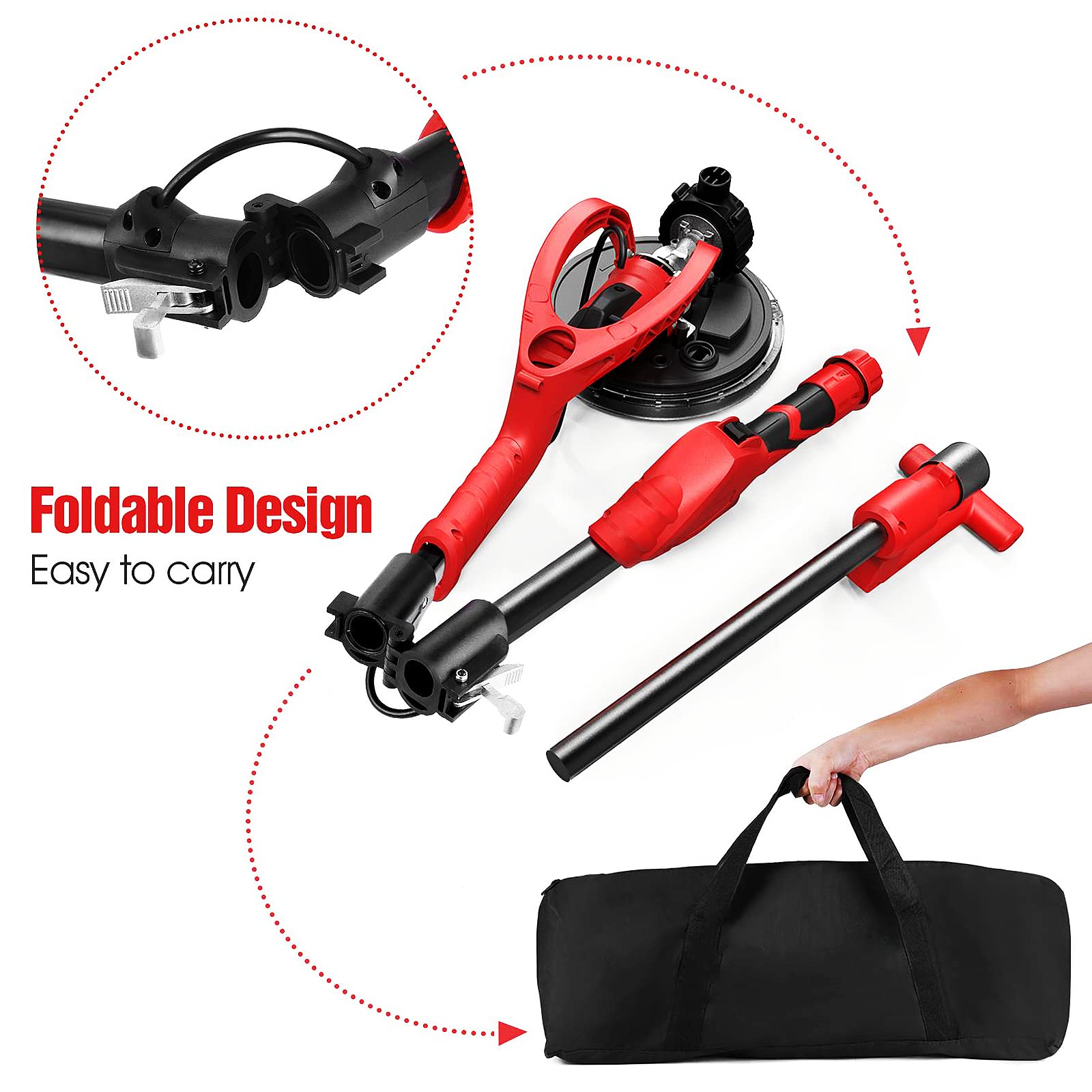 Vistreck Drywall Sander, 750W Electric Drywall Sander With Vacuum & 14Pcs Sanding Discs, 6 Variable Speeds 1000-1850RPM, Foldable has Dust Bag, LED Light, Power Disc Sanders With Carrying Bag