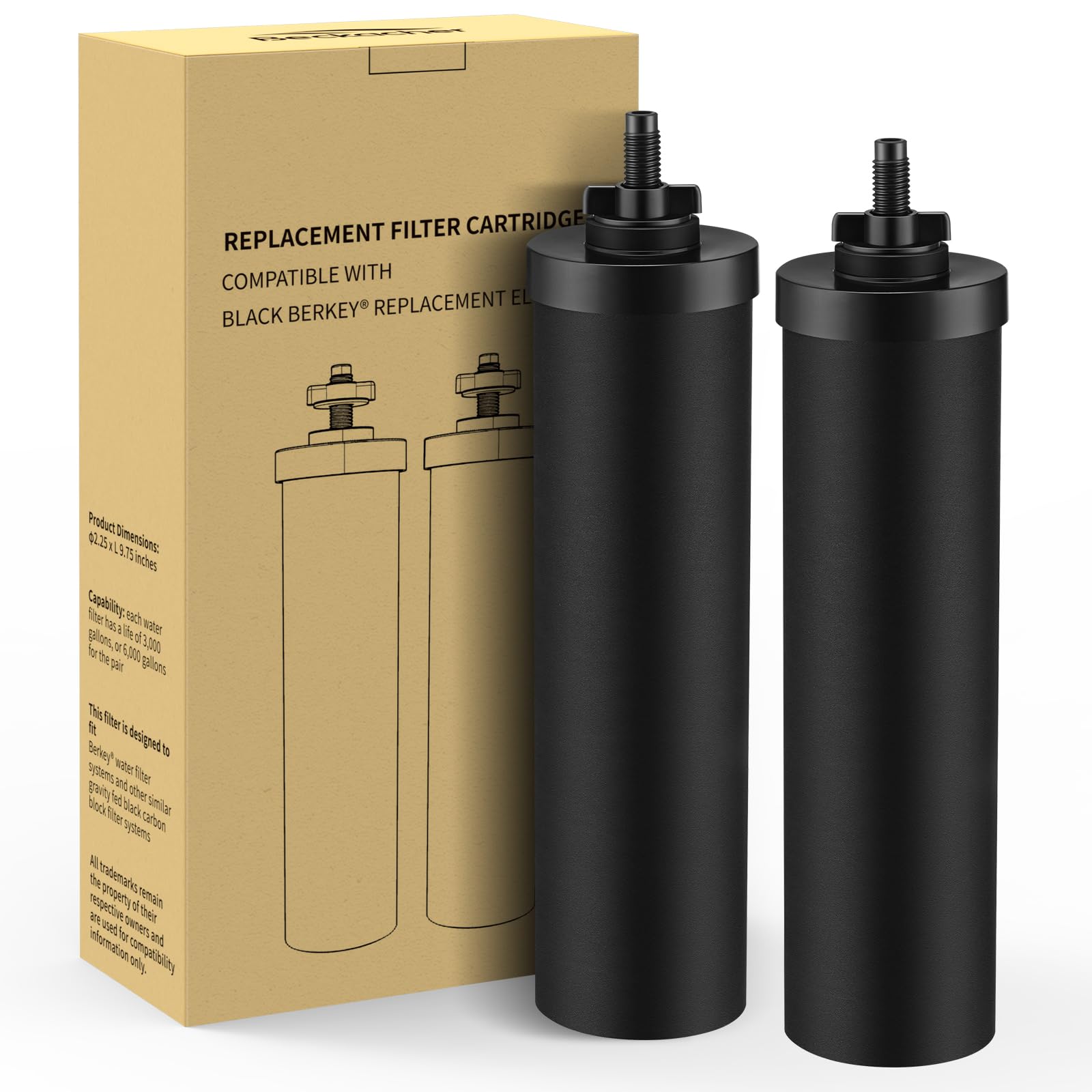 2 Pack Black Water Filter Replacement Parts Compatible with Big Berkey Gravity Filtration System, Compatible with BB9-2 Water Filter