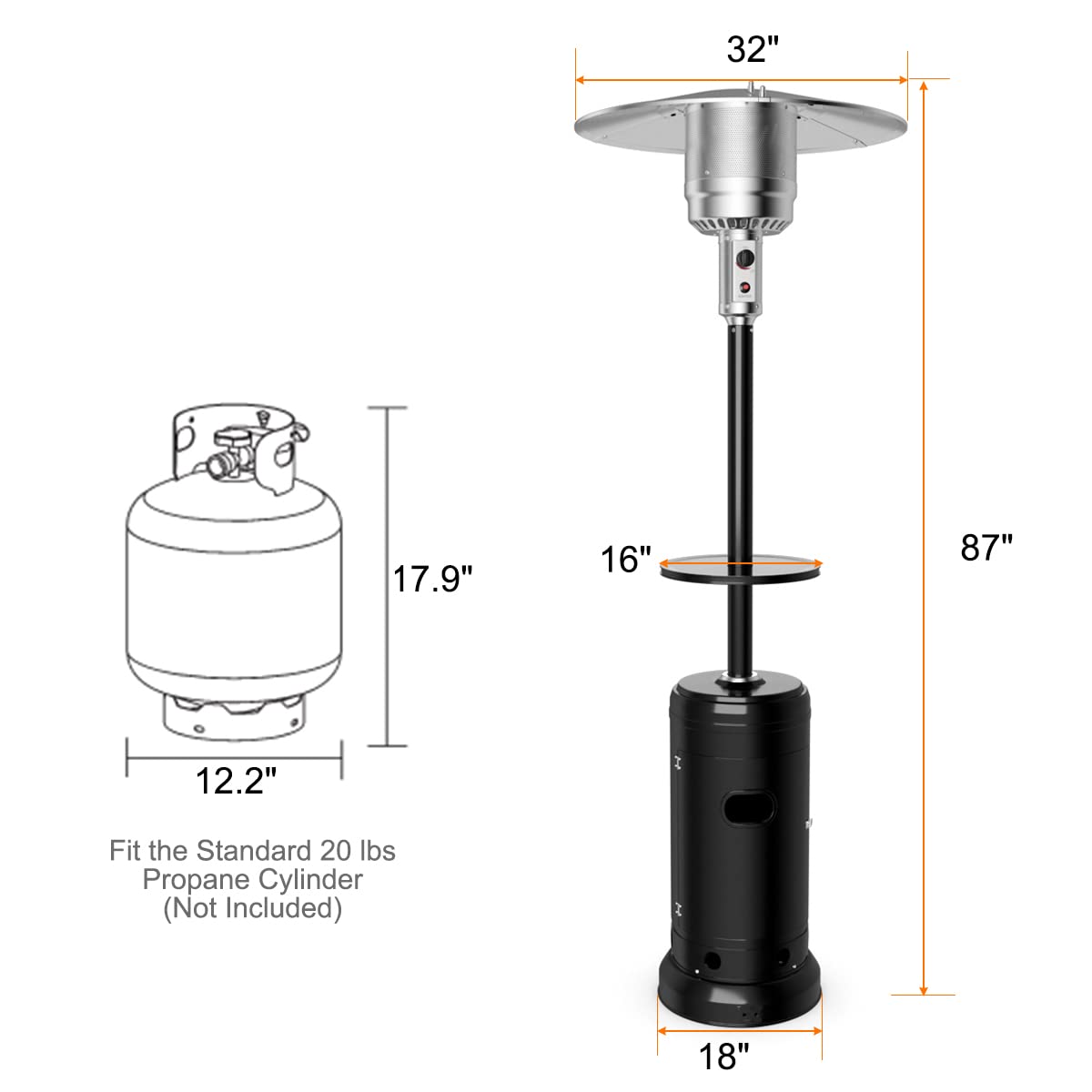 Toolsempire 48,000 BTU Patio Heater Propane Heater, Outdoor Heater Propane with Wheels & Adjustable Shelf, Gas Patio Heater for Outdoor Use, Garden, Yard (Black)