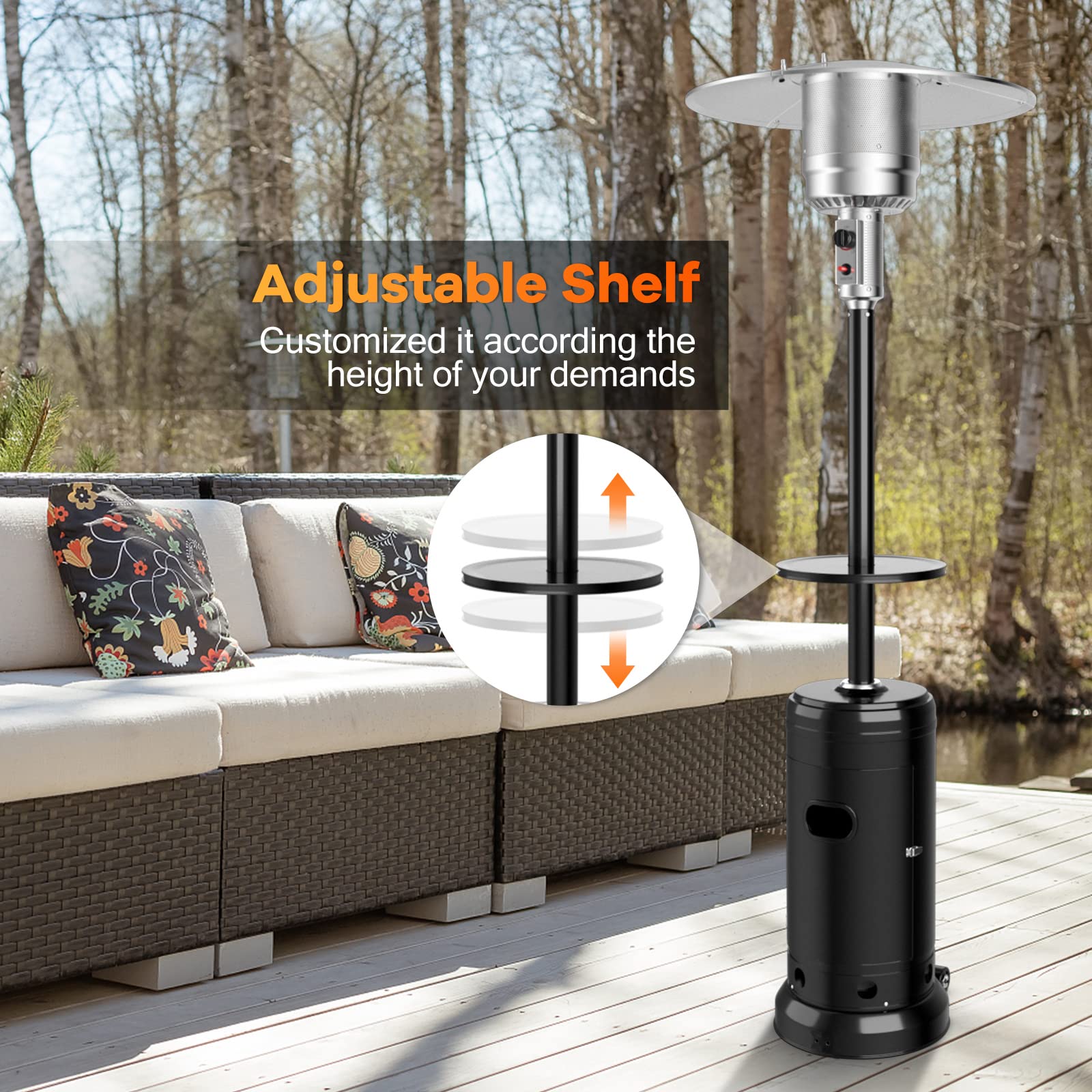 Toolsempire 48,000 BTU Patio Heater Propane Heater, Outdoor Heater Propane with Wheels & Adjustable Shelf, Gas Patio Heater for Outdoor Use, Garden, Yard (Black)