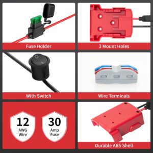 Kzreect Power Wheels Adapter for Milwaukee M18 Battery Adapter, 18V Power Wheels Battery Converter Kit with Fuses Holder and Switch, Wire Terminals, 12AWG Wire for RC Car DIY Adapter Set (1 Pack)