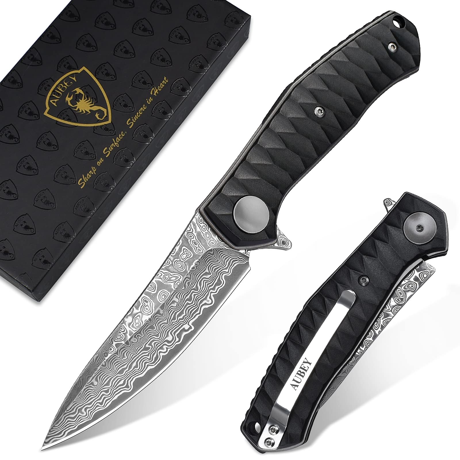 AUBEY Damascus Pocket Knife for Men with Clip EDC, 3.23" VG10 Core Damascus Steel Blade of Folding Knife with Black Aluminum Handle, Sharp Damascus Camping Knife