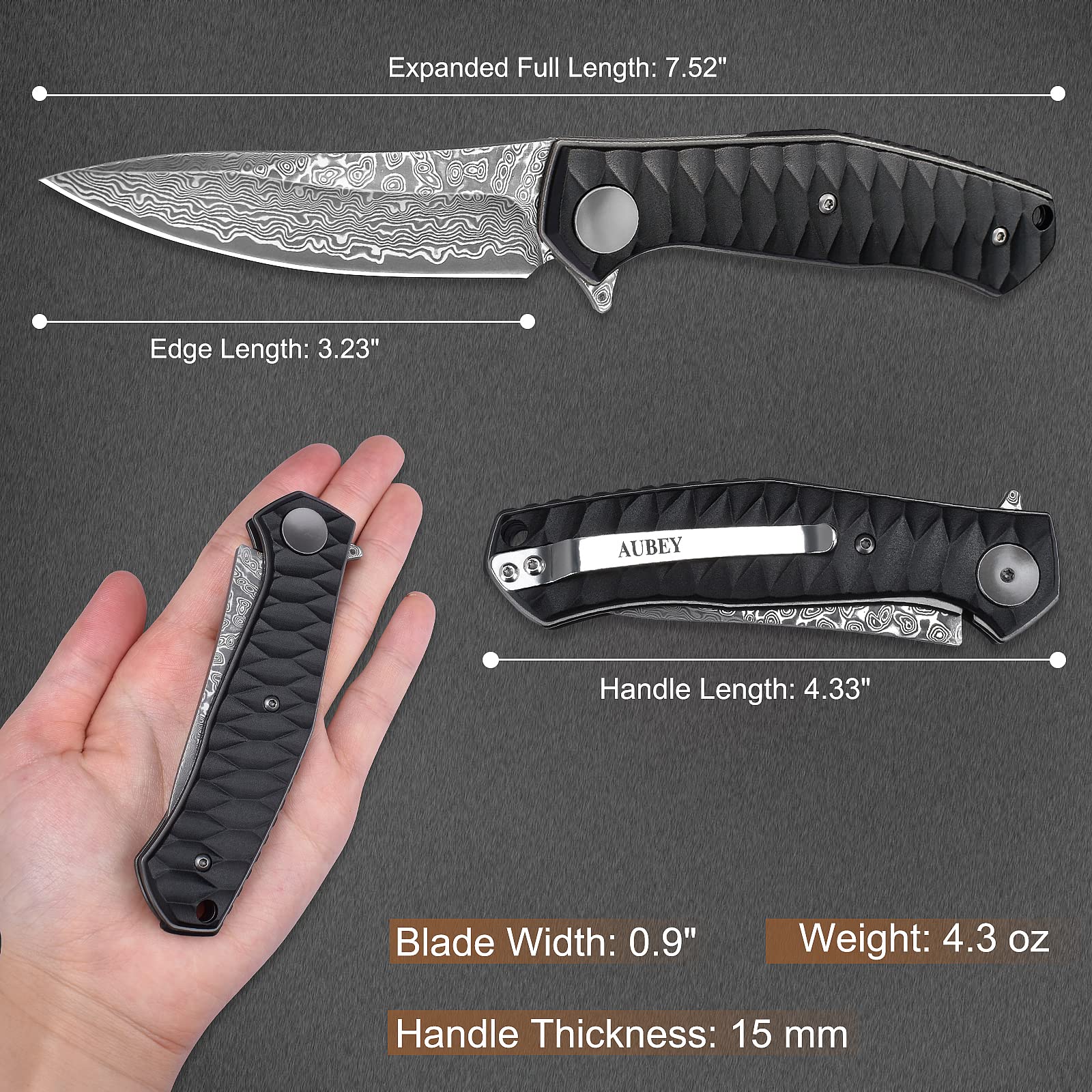 AUBEY Damascus Pocket Knife for Men with Clip EDC, 3.23" VG10 Core Damascus Steel Blade of Folding Knife with Black Aluminum Handle, Sharp Damascus Camping Knife