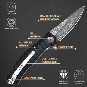 AUBEY Damascus Pocket Knife for Men with Clip EDC, 3.23" VG10 Core Damascus Steel Blade of Folding Knife with Black Aluminum Handle, Sharp Damascus Camping Knife