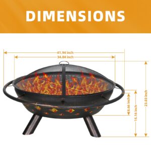 Hykolity 41" Large Size 2 in 1 Outdoor Fire Pit with Grill, Heavy Duty Steel Wood Burning Firepalce, Fire Bowl with Antiqued Copper Finish for Bonfire Patio Backyard