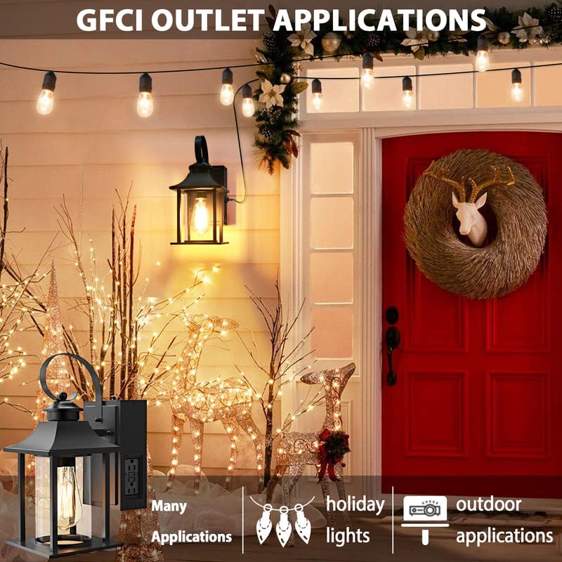 VDKK Porch Lights with GFCI Outlet,Dusk to Dawn Outdoor Light Fixture with Plug Waterproof Light Exterior Wall Mount,Anti-Rust Outside Lantern for House Garage Front(Without Bulb)