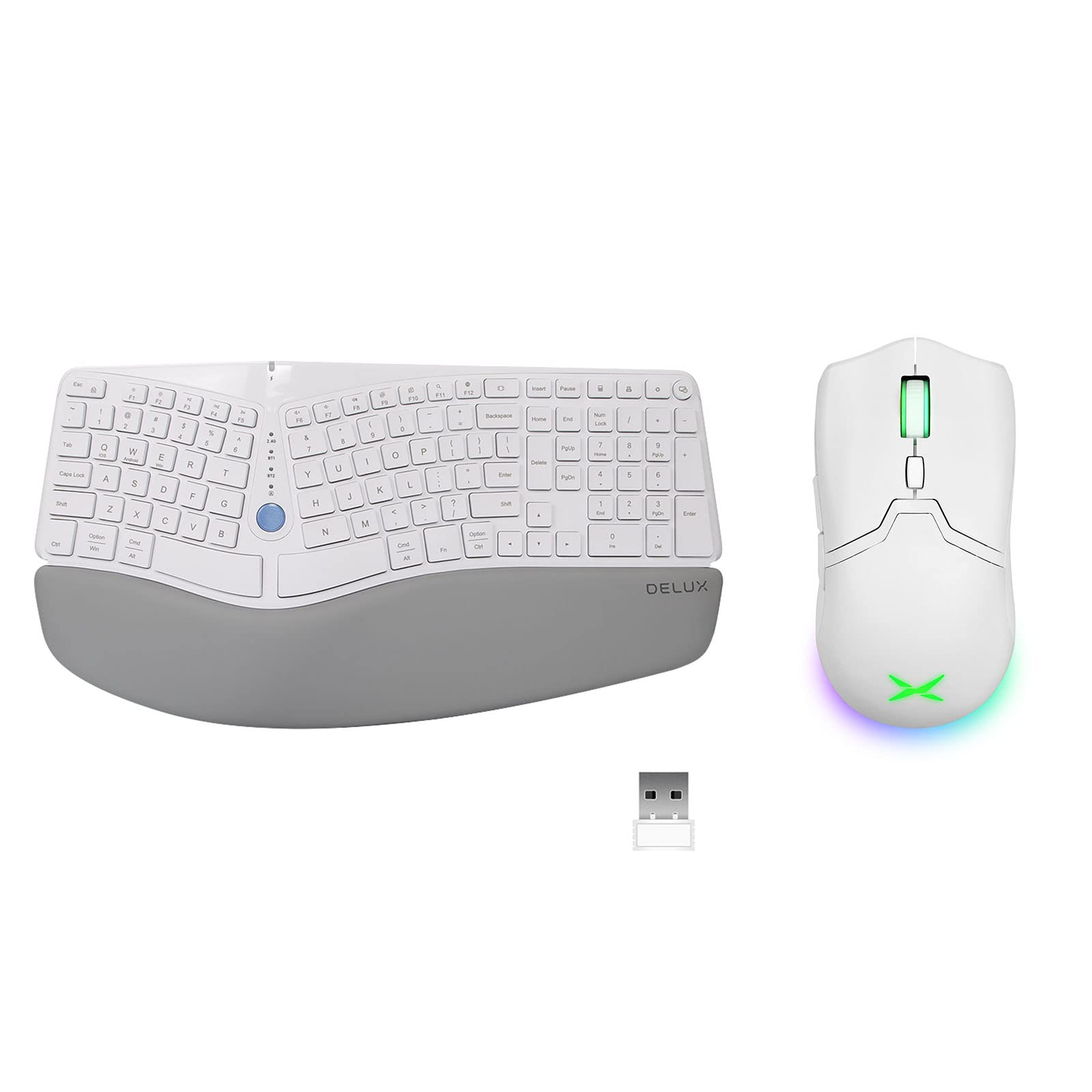 DeLUX Wireless Ergonomic Keyboard GM901D and Gaming Mouse M800PRO3370 White