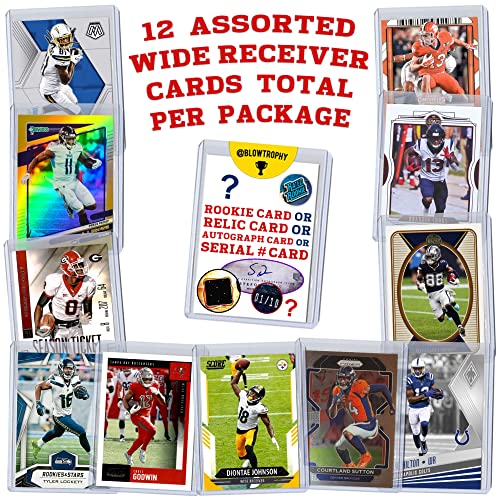 NFL Wide Receiver Football Card Bundle, Assorted Set of 12 Mint Star WR Football Cards Gift Set, Includes one Relic, Serial, or Rookie, Protected by Sleeve and Toploader with Fantasy Football eBook