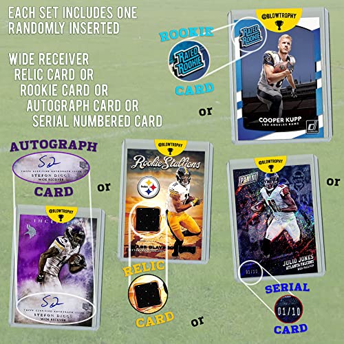 NFL Wide Receiver Football Card Bundle, Assorted Set of 12 Mint Star WR Football Cards Gift Set, Includes one Relic, Serial, or Rookie, Protected by Sleeve and Toploader with Fantasy Football eBook