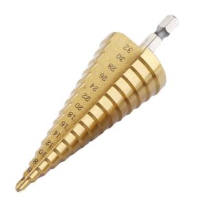 4-32mm hss titanium coated step drill bit, 1/4" hex shank quick change metric high speed steel cone drill bit for plastic, wood, metal sheet, aluminum hole drilling