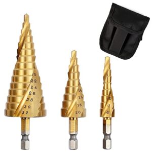 3pcs hss step drill bit set, 1/4" hex shank spiral groove high speed steel titanium coated cone hole cutter bit for drilling plate aluminum metal wood hole (4-12mm/4-20mm/4-32mm)