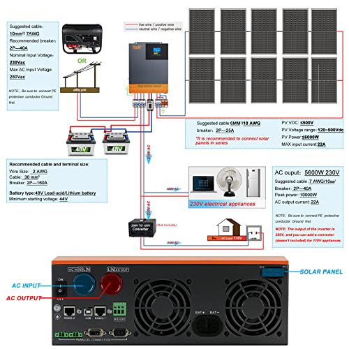 PowMr 5600W Solar Hybrid Inverter 48V, 5.6KW Off Grid Pure Sine Wave Inverter 220V with 80A MPPT Charge Controller, for 48V Lead Acid/Lithium Battery, Solar Inverter Support Parallel