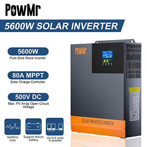 PowMr 5600W Solar Hybrid Inverter 48V, 5.6KW Off Grid Pure Sine Wave Inverter 220V with 80A MPPT Charge Controller, for 48V Lead Acid/Lithium Battery, Solar Inverter Support Parallel